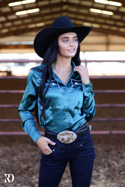 TEJAS TEAL SATIN PERFORMANCE RODEO SHIRT – Ranch Dress'n